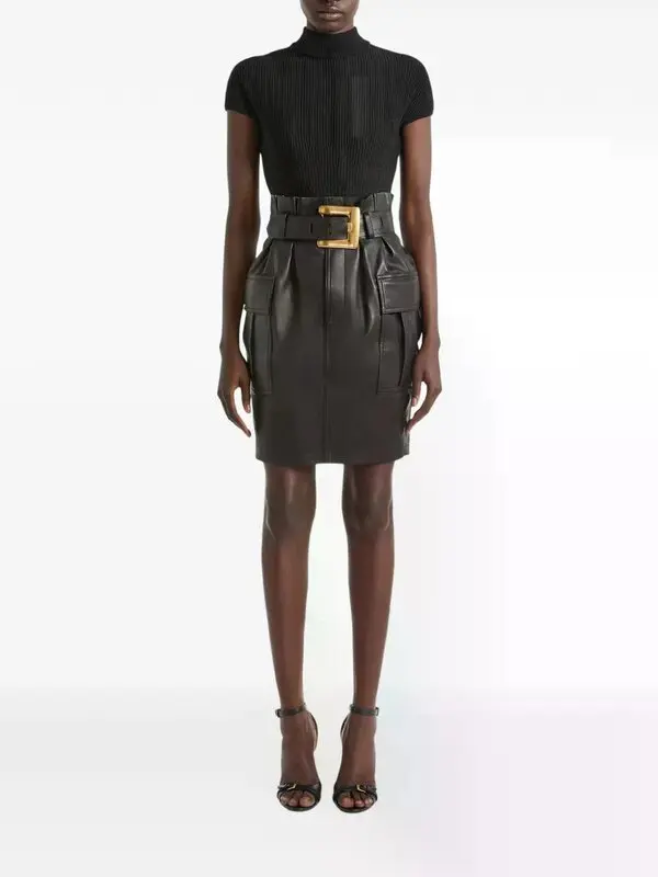 Balmain Belted Lambskin Skirt