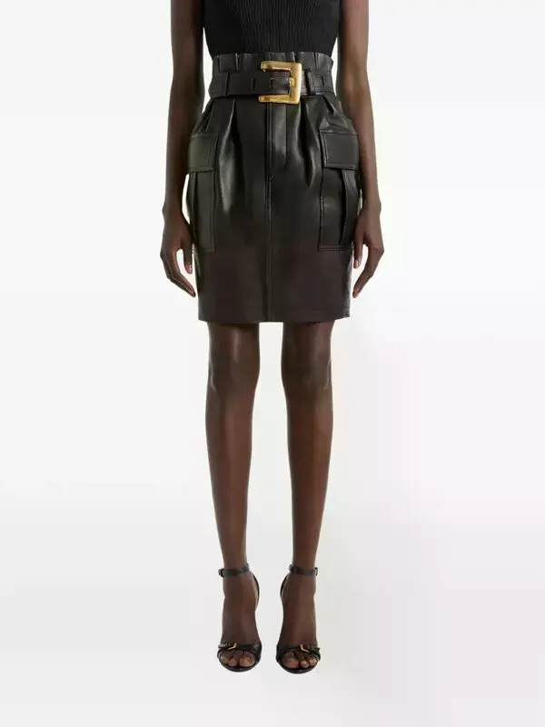 Balmain Belted Lambskin Skirt