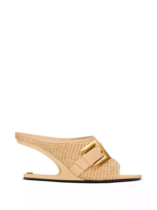 Balmain Anthem No Wedge Mules In Smooth Leather And Raffia - Neutrals