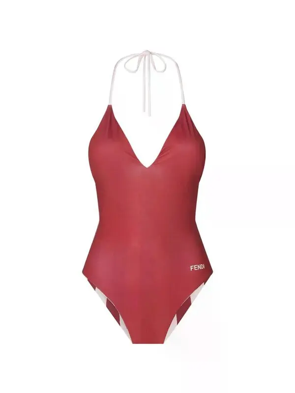 Fendi Pequin Reversible Halterneck Swimsuit - Red