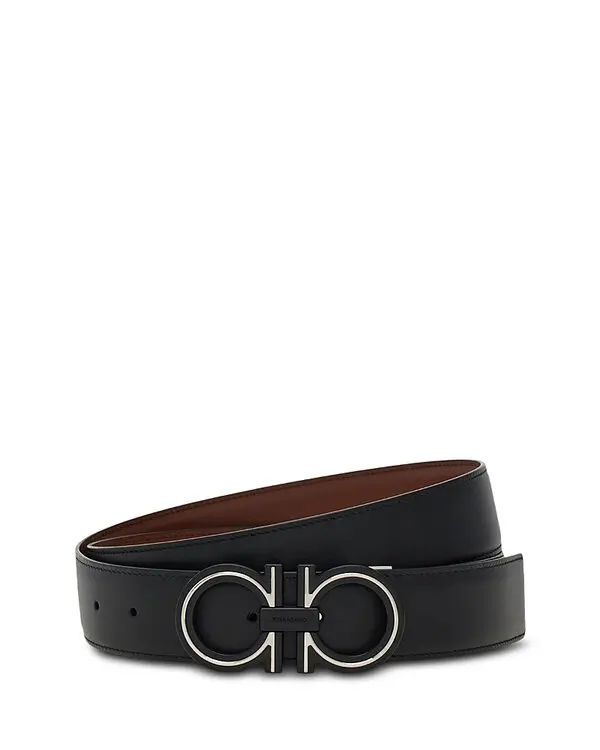 FERRAGAMO Oversized Double Gancini Reversible Leather Belt - Nero
