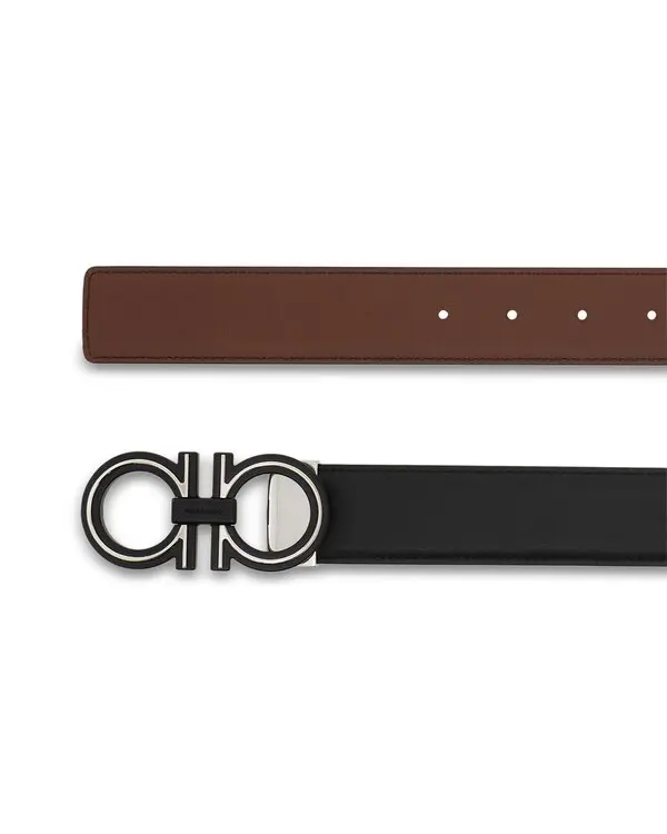 FERRAGAMO Oversized Double Gancini Reversible Leather Belt - Nero