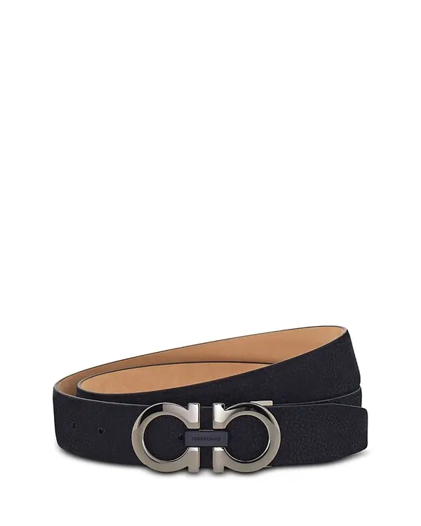 FERRAGAMO Double Gancini Nubuck Belt - Navy