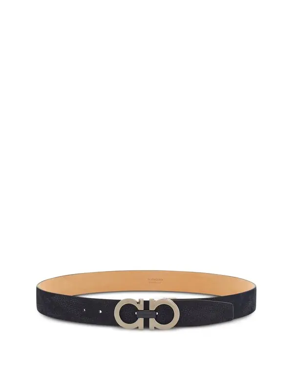 FERRAGAMO Double Gancini Nubuck Belt - Navy