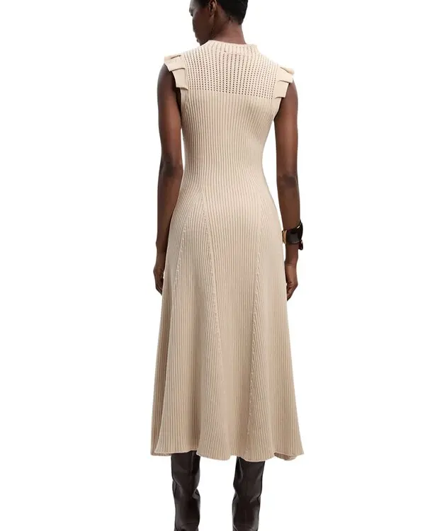 Karen Millen Pointelle Frill Sleeve Knit Midi Dress - Cream