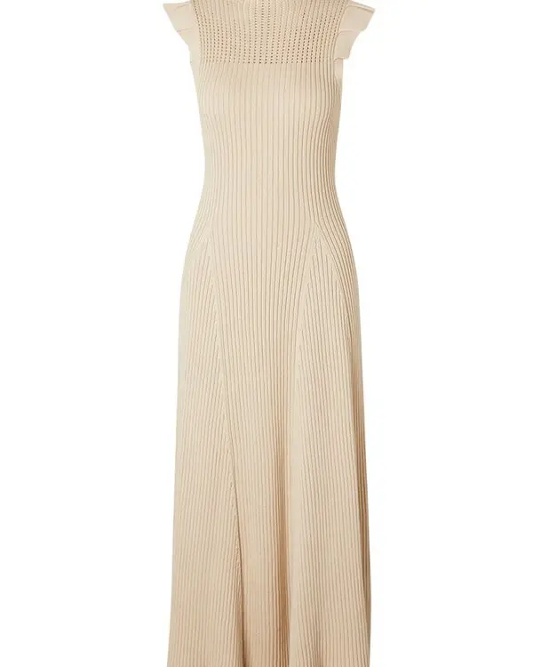 Karen Millen Pointelle Frill Sleeve Knit Midi Dress - Cream