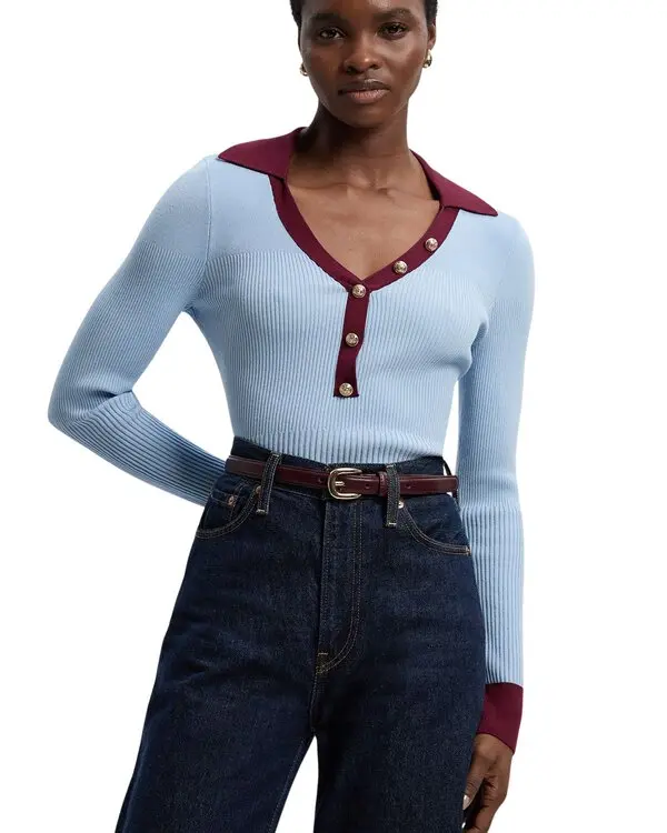 Karen Millen Rib Knit Collared Top With Contrast Hem