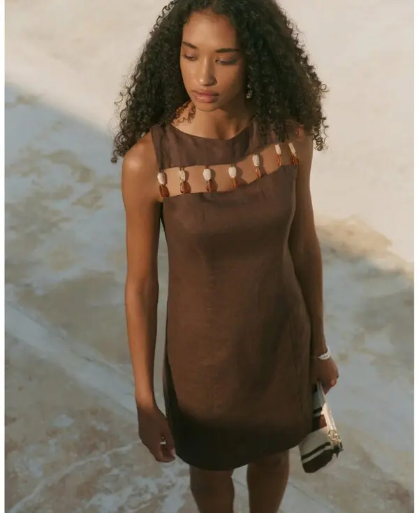 Mint Velvet Linen Beaded Mini Dress - Brown