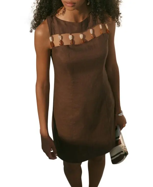 Mint Velvet Linen Beaded Mini Dress - Brown