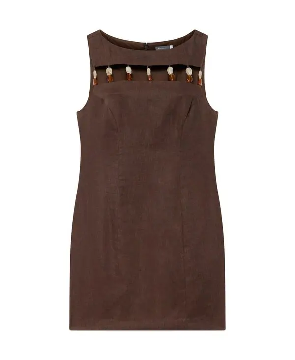 Mint Velvet Linen Beaded Mini Dress - Brown