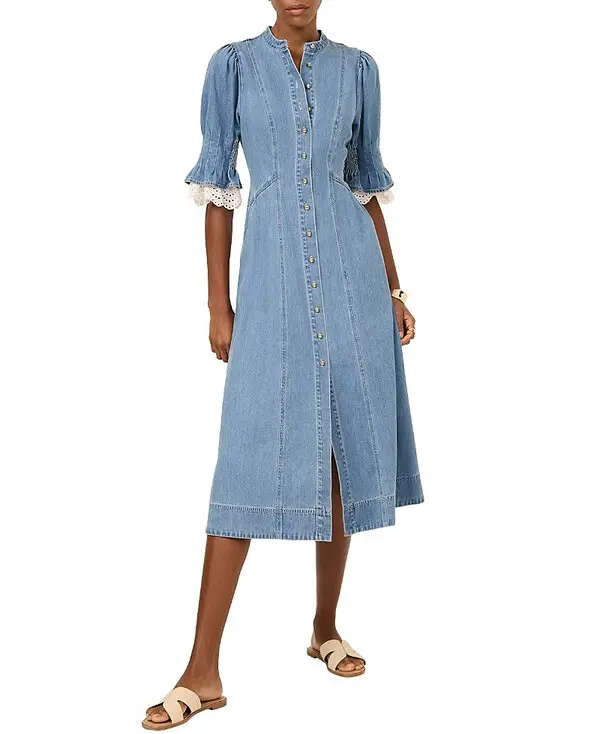 Mint Velvet Denim Crochet Trim Midi Dress