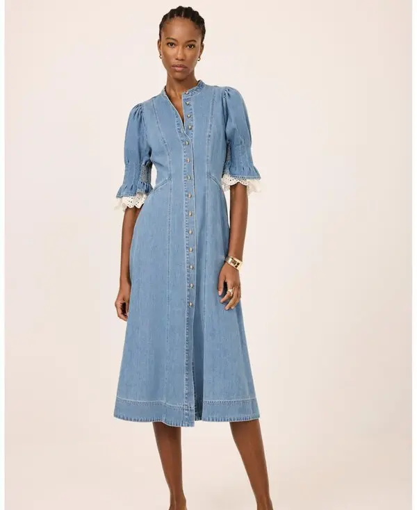 Mint Velvet Denim Crochet Trim Midi Dress