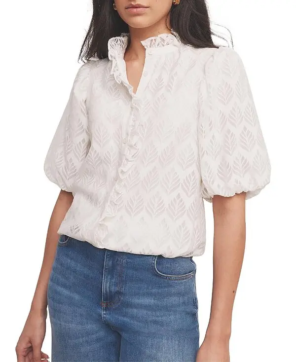 Mint Velvet Jacquard Ruffle High Neck Puff Sleeve Blouse