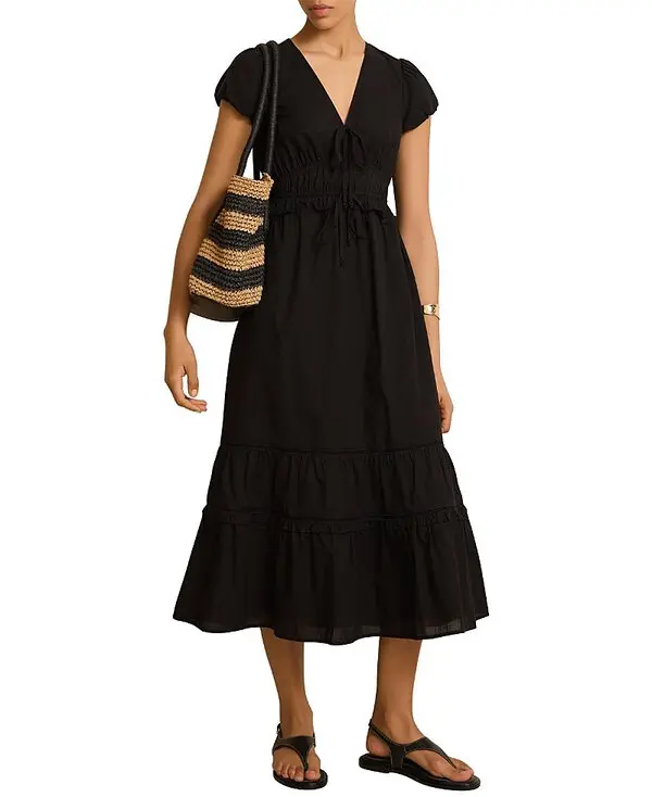 Mint Velvet Cotton Midi Dress With V-neck And Puff Sleeves - Black