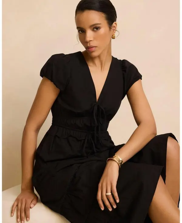 Mint Velvet Cotton Midi Dress With V-neck And Puff Sleeves