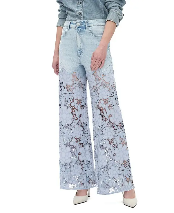 BAYEAS Super High Rise Wide Leg Jeans With Lace Patchwork - Light Blue