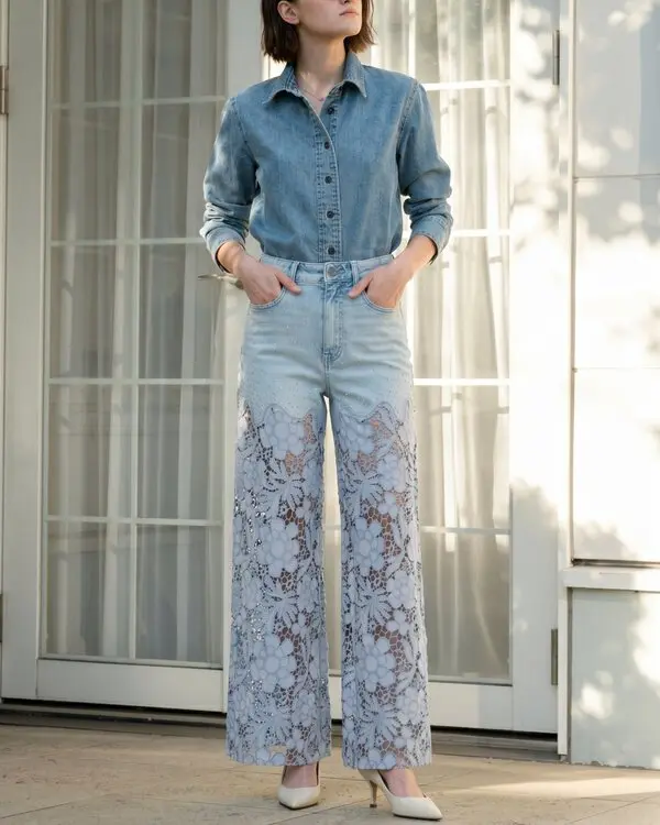 BAYEAS Super High Rise Wide Leg Jeans With Lace Patchwork