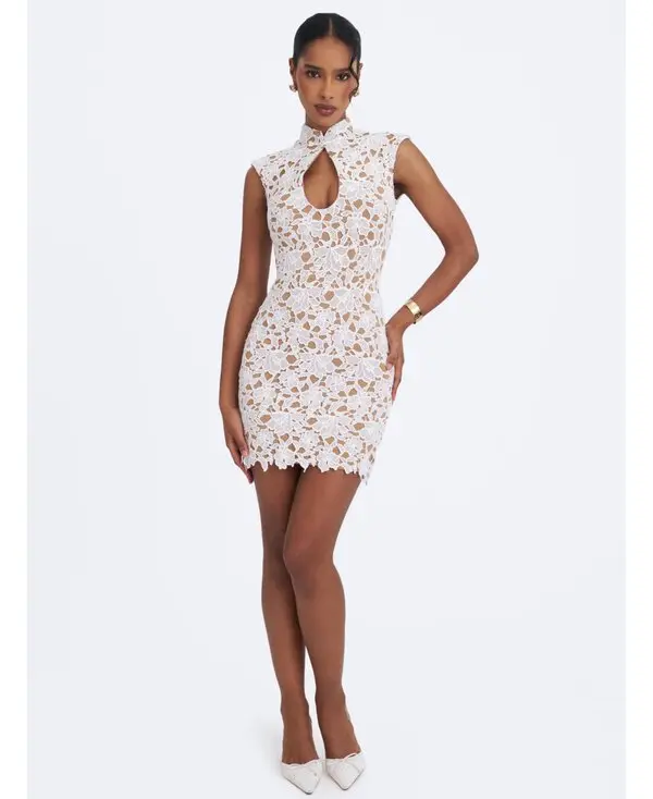 MISS CIRCLE NEW YORK Quinley Cotton Lace Teardrop Neckline Mini Dress