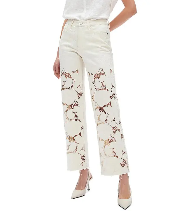 BAYEAS High Rise Relaxed Straight Jeans With Floral Cutout Embroidery - Beige