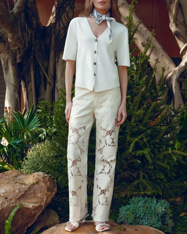 BAYEAS High Rise Relaxed Straight Jeans With Floral Cutout Embroidery
