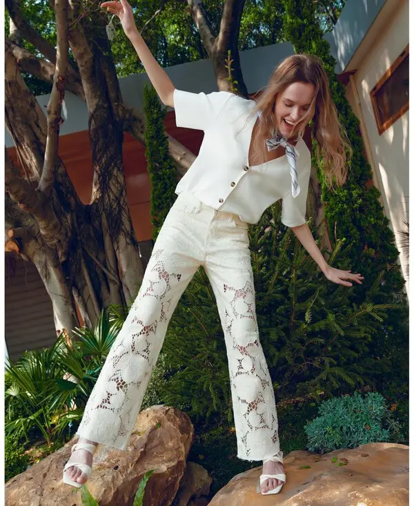 BAYEAS High Rise Relaxed Straight Jeans With Floral Cutout Embroidery