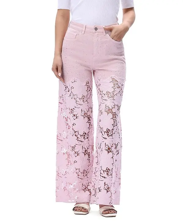 BAYEAS Ultra High Rise Lace Patchwork Wide Leg Denim Jeans - Lavender Pink