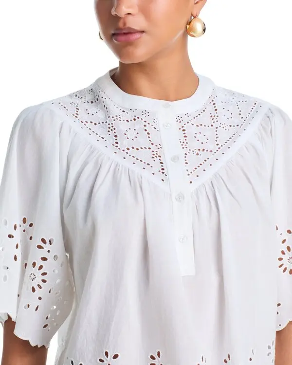 Aqua Embroidered Cotton Short Sleeve Shirt - White
