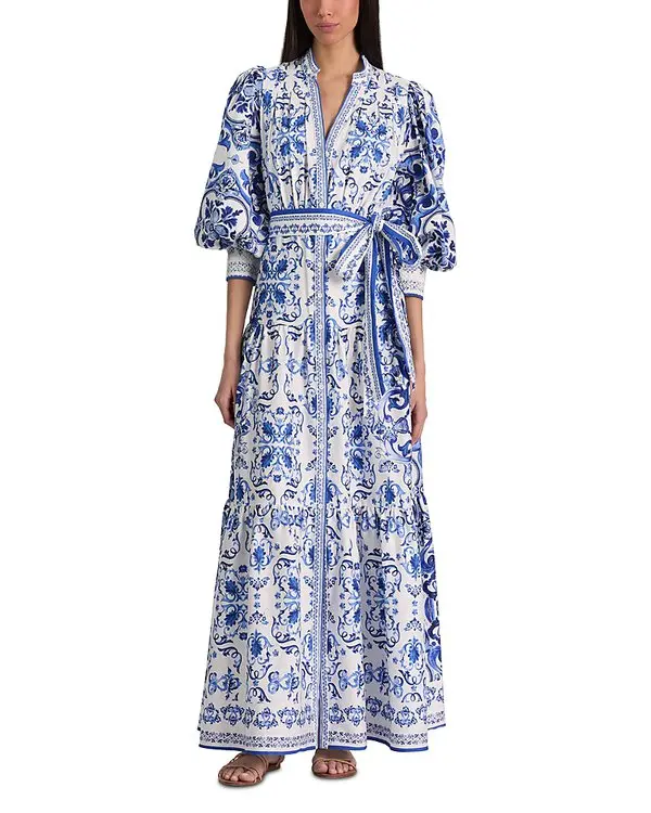 Alice + Olivia Cora Tiered Maxi Dress With Mandarin Collar And Print