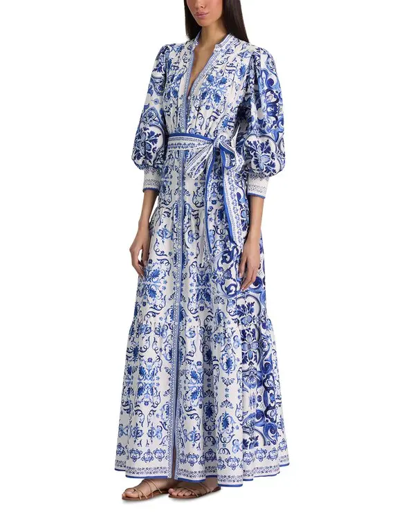 Alice + Olivia Cora Tiered Maxi Dress With Mandarin Collar And Print