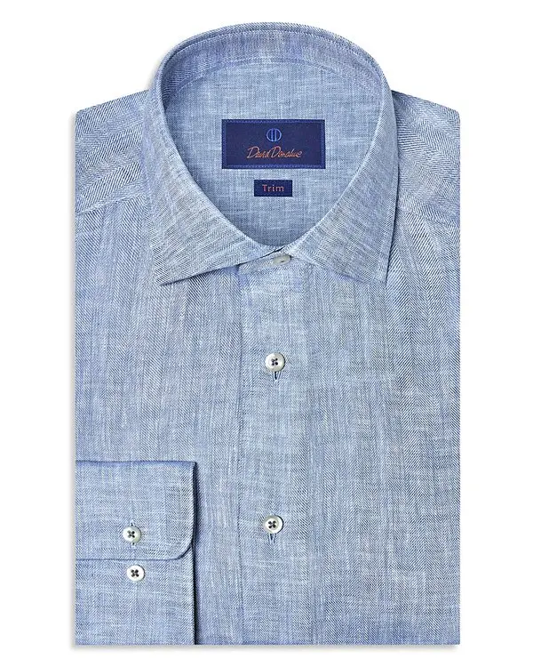 David Donahue Trim Fit Linen Herringbone Dress Shirt - Denim