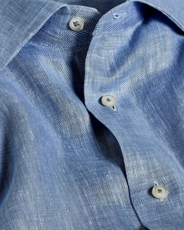 David Donahue Trim Fit Linen Herringbone Dress Shirt - Denim