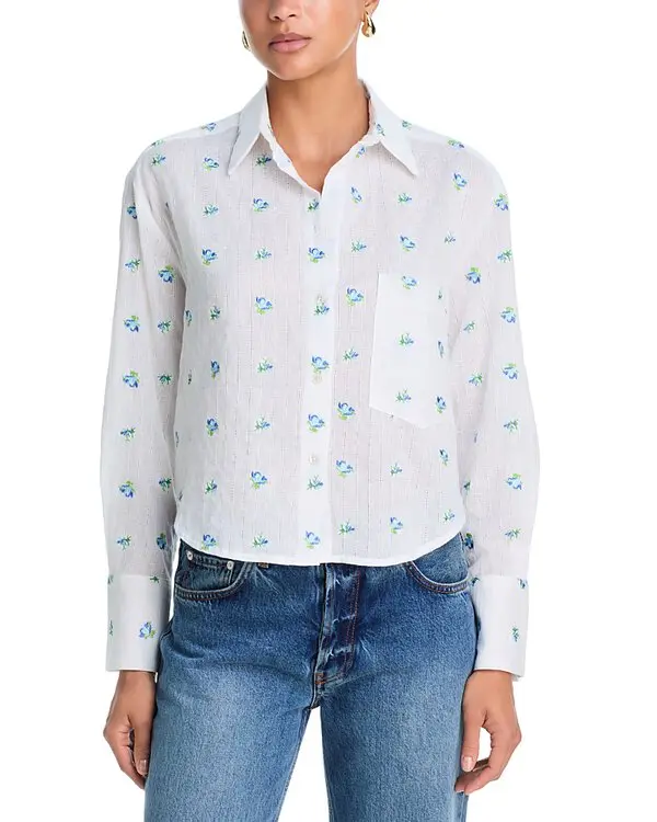 CISSA Embroidered Floral Long Sleeve Shirt - Blue Embroidered Floral