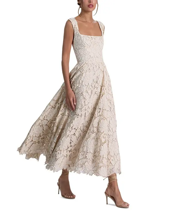 Alice + Olivia Esma Square Neck Flared Lace Midi Dress