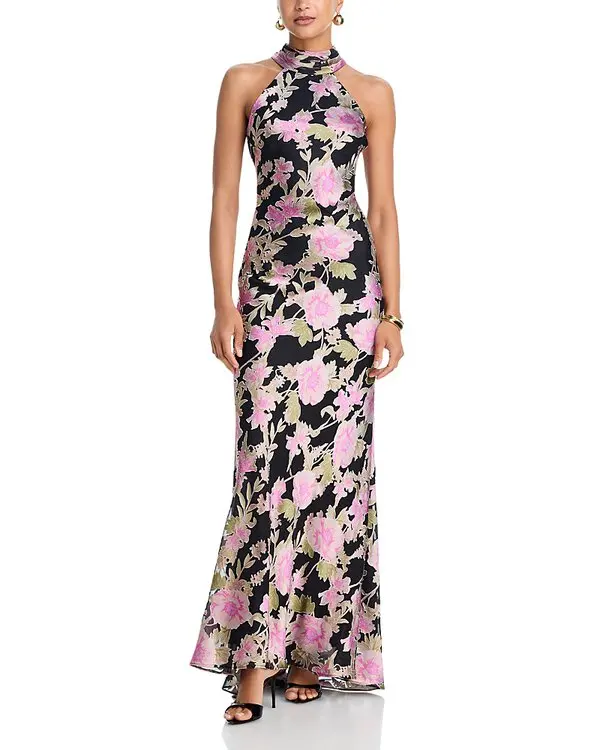 Aqua Floral Burnout Chiffon Gown - Black/multi