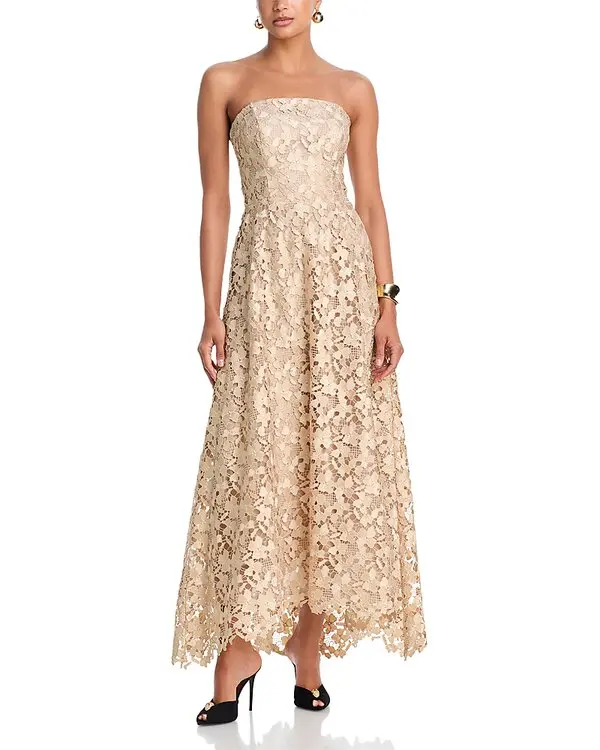 Aqua Strapless Floral Lace Gown Exclusive - Gold