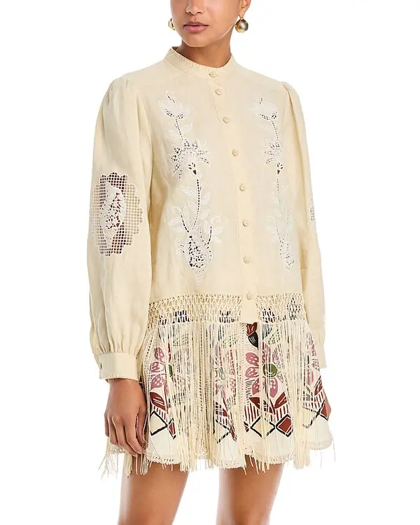 Farm Rio Embroidered Linen Long Sleeve Shirt