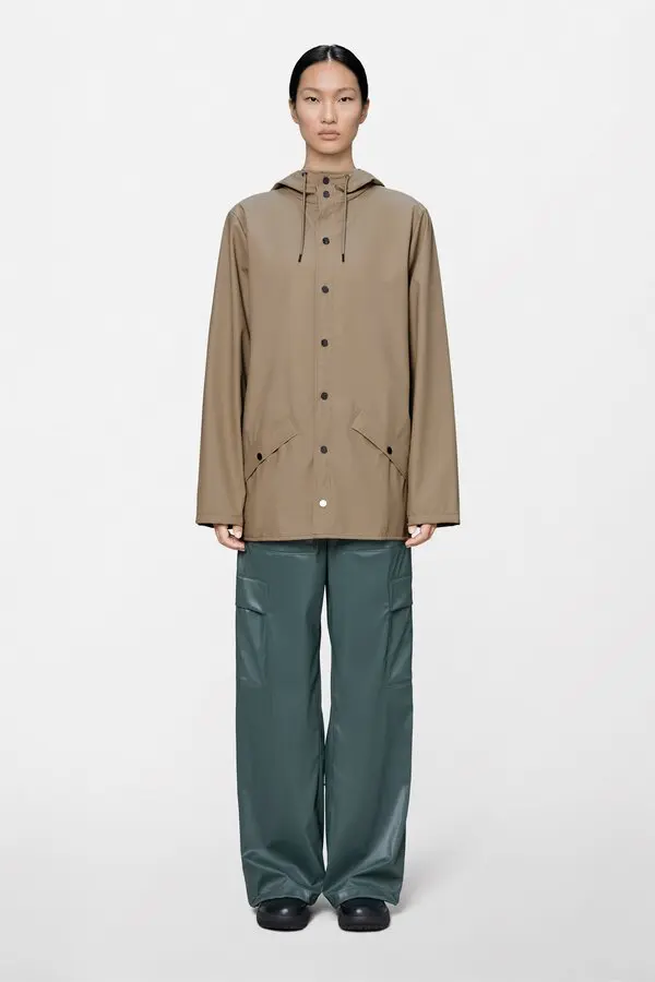 Rains Waterproof Pu Jacket With Drawstring Hood And Fishtail Hem - Beige