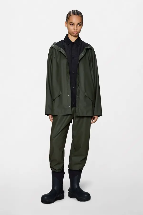 Rains Waterproof Pu Jacket With Drawstring Hood And Fishtail Hem - Green