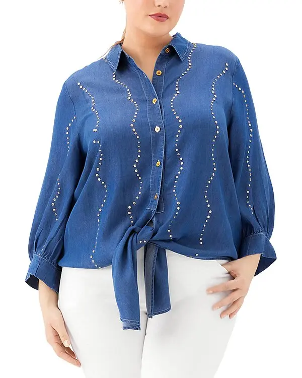 Karen Kane Blouson Sleeve Embellished Denim Shirt