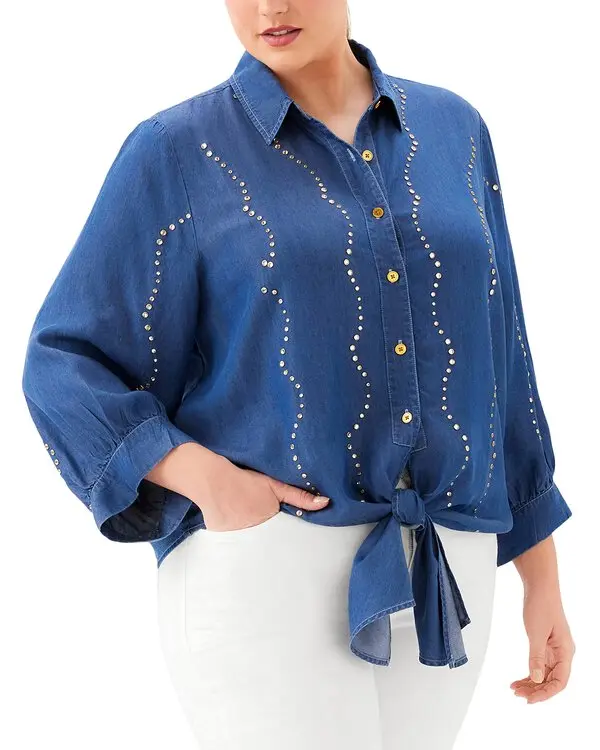 Karen Kane Blouson Sleeve Embellished Denim Shirt