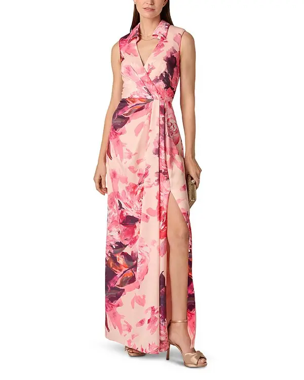 Aidan Mattox Floral Print Maxi Dress With High Slit - Pink Multi