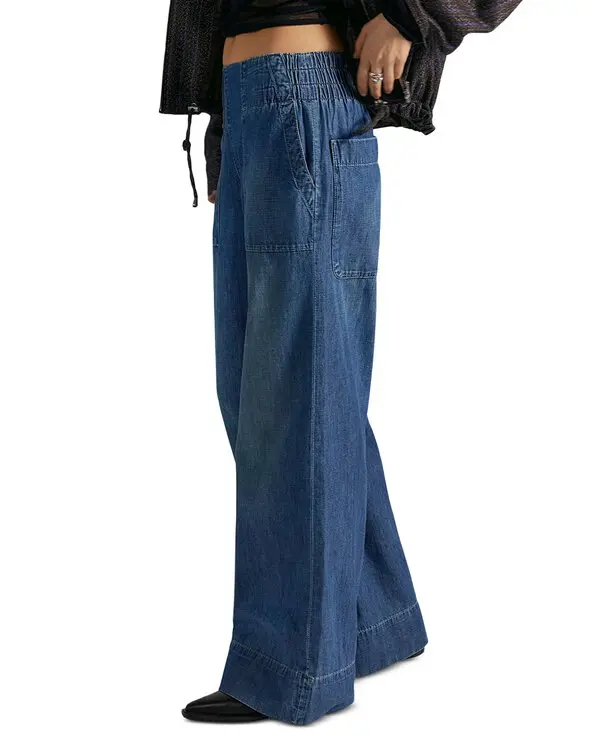Free People Breezy High Rise Wide Leg Jeans - Cobalt