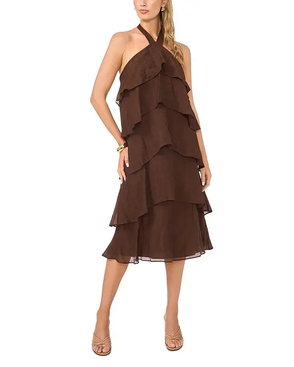Vince Camuto High Neck Tiered Midi Dress - Mocha