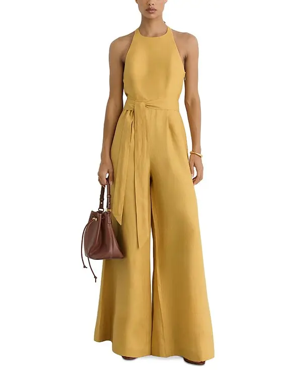 REISS Della Open Back Linen Jumpsuit - Yellow