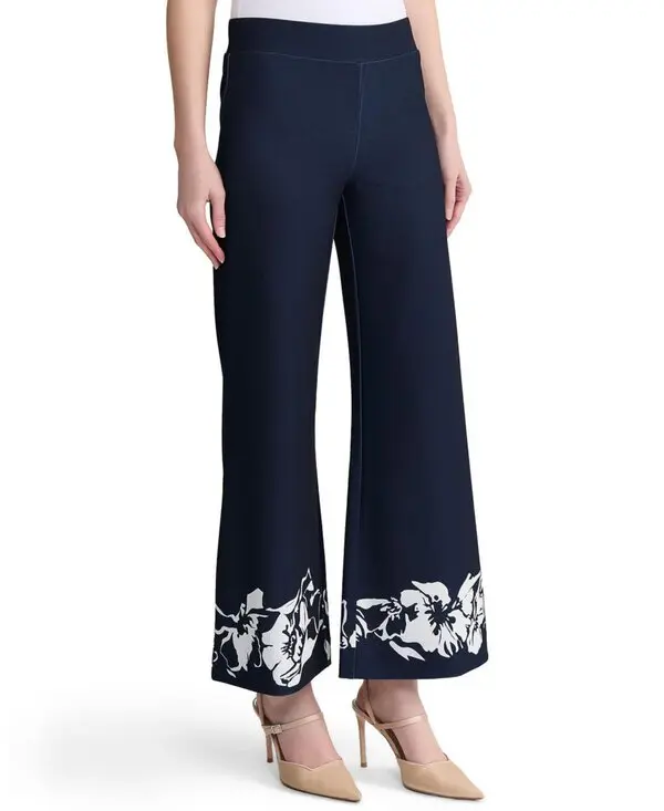 Ming Wang Stretch Deco Crepe Floral Print Wide-leg Pants