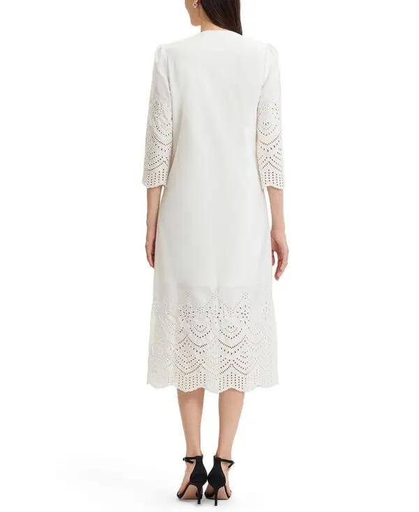 Ming Wang Lined Eyelet Cotton Maxi Dress With Notch Neckline