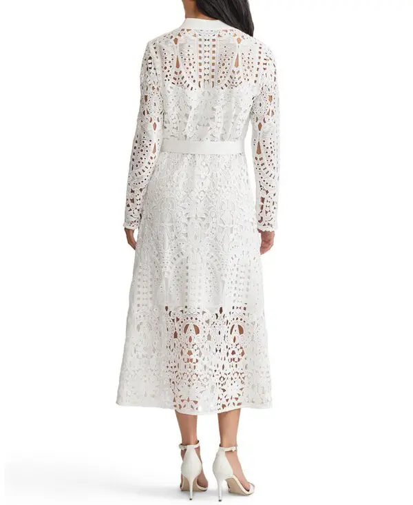 Ming Wang Fit-n-flare Midi Dress With Lace And Mandarin Collar