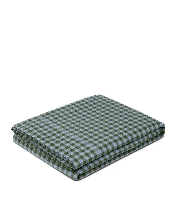 PIGLET IN BED Colour Drenched Gingham Linen Blend Flat Sheet, Queen - Fern Green/dusk Blue