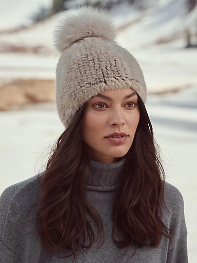 Overland Knitted Mink Fur Beanie Hat With Fox Fur Pom - Greige