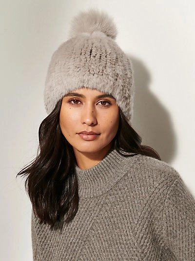 Overland Knitted Mink Fur Beanie Hat With Fox Fur Pom - Greige